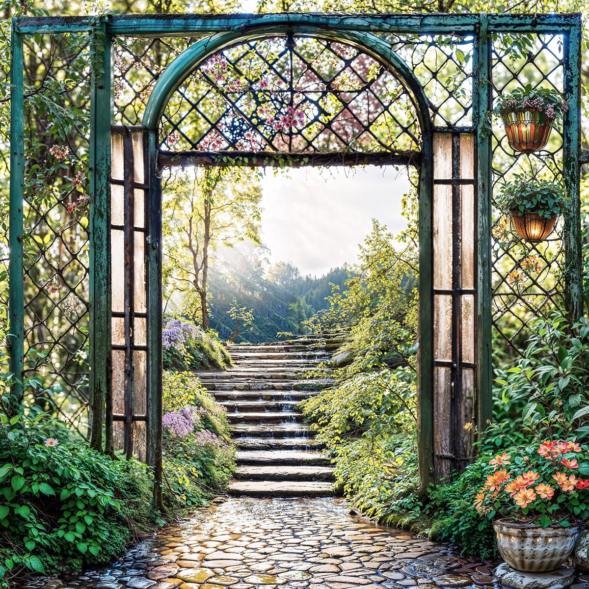 Art Deco Framed Pathway Mural Gardens Tapestry Backdrop