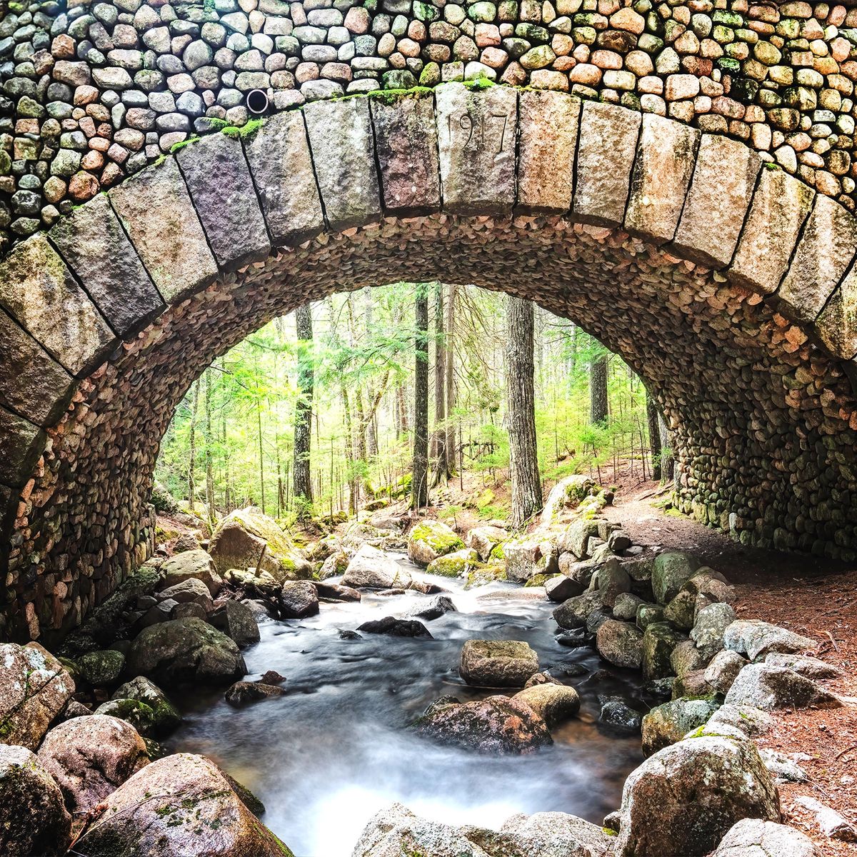 Bridge over Stone Cobbles River Scene Garden Mural Tapestry Backdrop