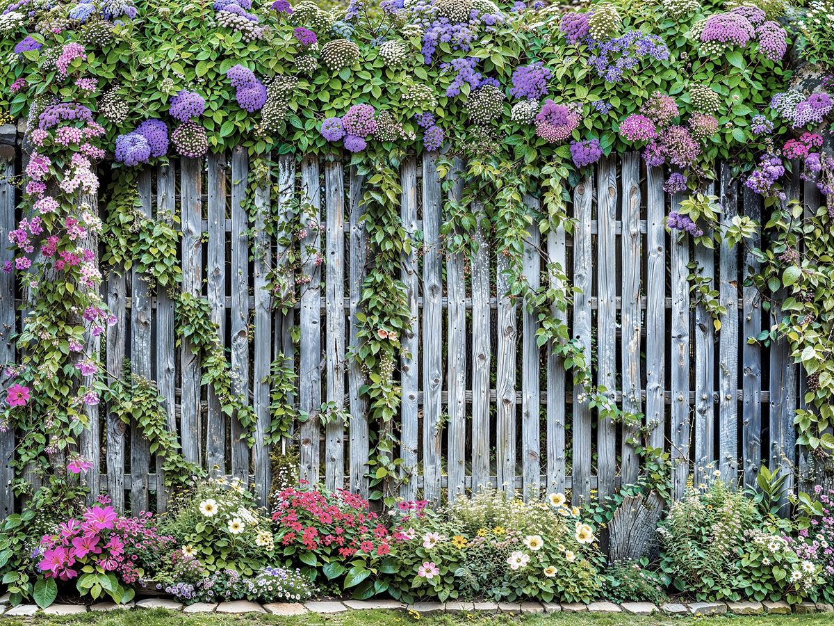 Grey Fence adorned with Flowers Garden Mural Tapestry Backdrop Privacy ...