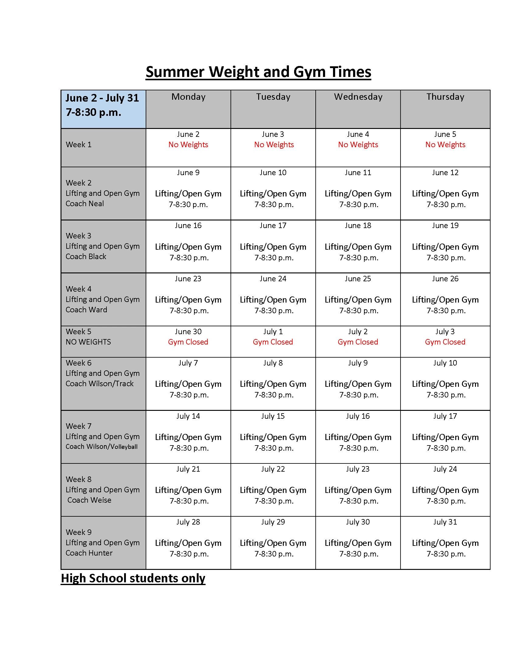 Summer Open Gym Schedule