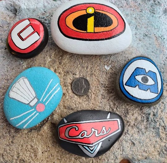 Set of 5 Disney Pixar logos Hand Painted Rocks Ratatouille, Cars, Walle ...