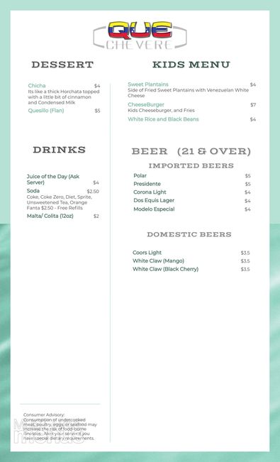 Restaurant Menu | Que Chevere