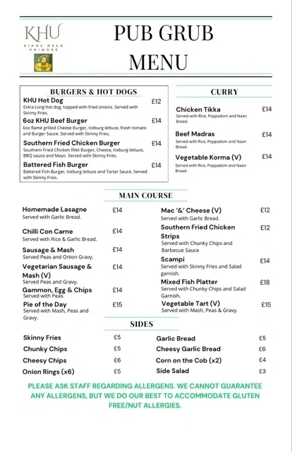 KHU Menu's | Kings Head Udimore