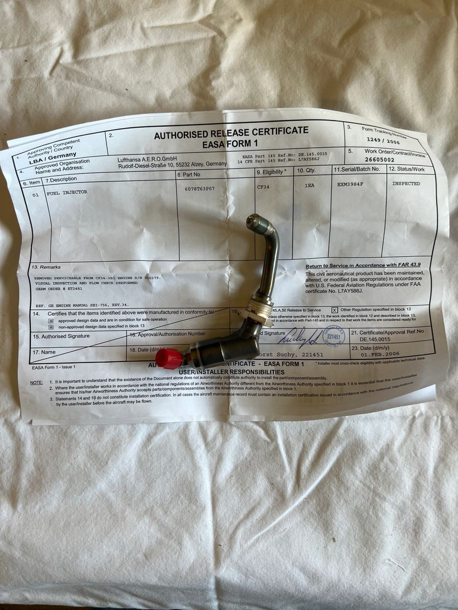 6078T63P07 Injector inspected with EASA Form One 8130