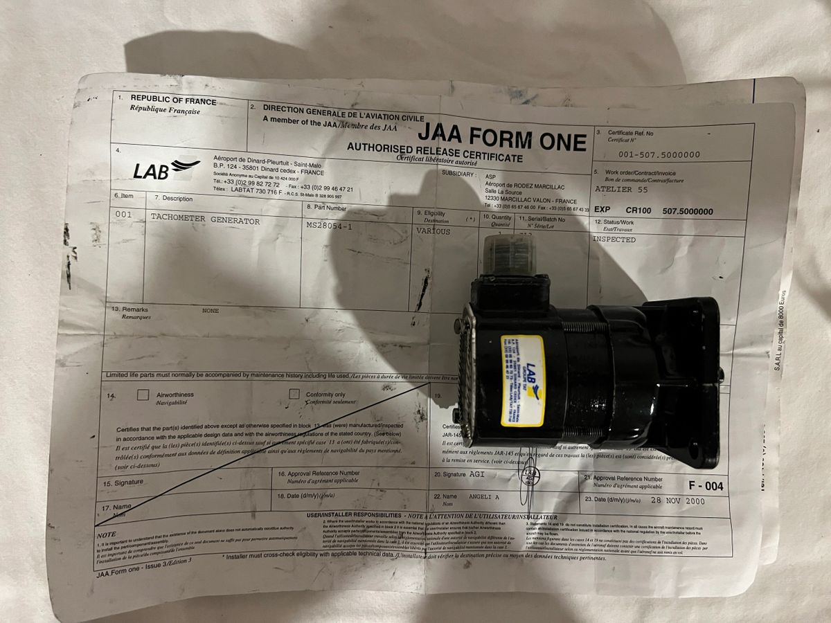MS28054-1 Tach generator overhauled with JAA form 1
