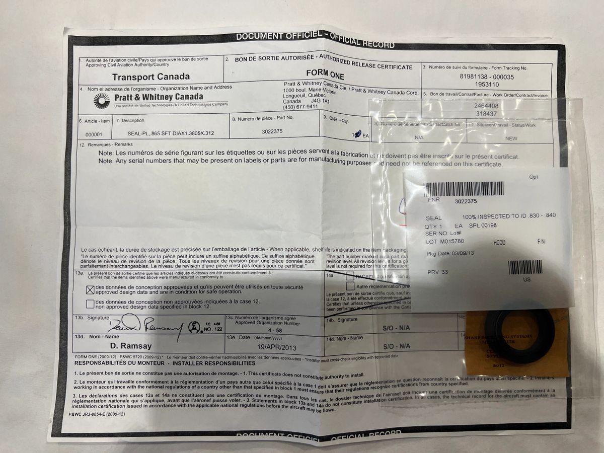 3022375 Seal new with Transport Canada Form 1