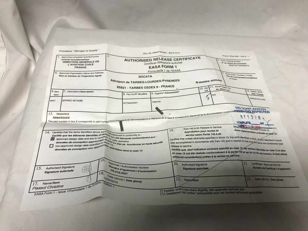 N7734340401 New Socata spring with EASA Form 1, includes 2