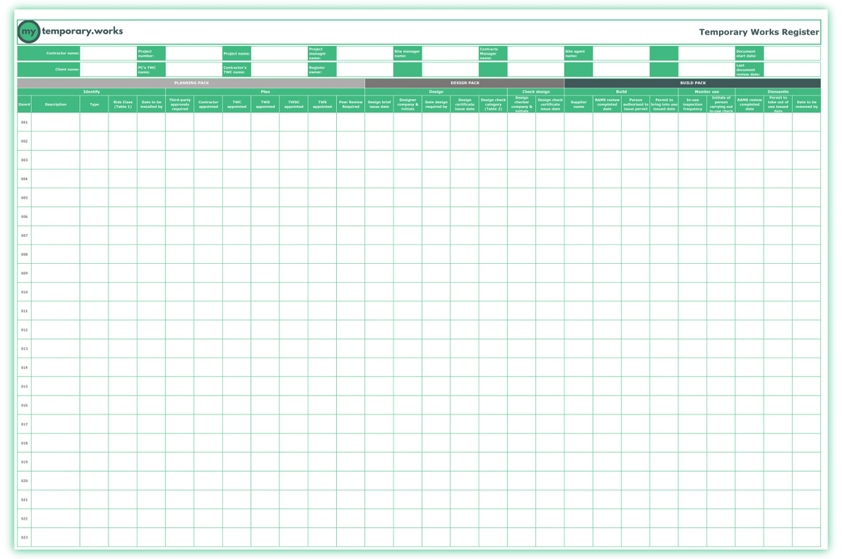 Temporary Works Register