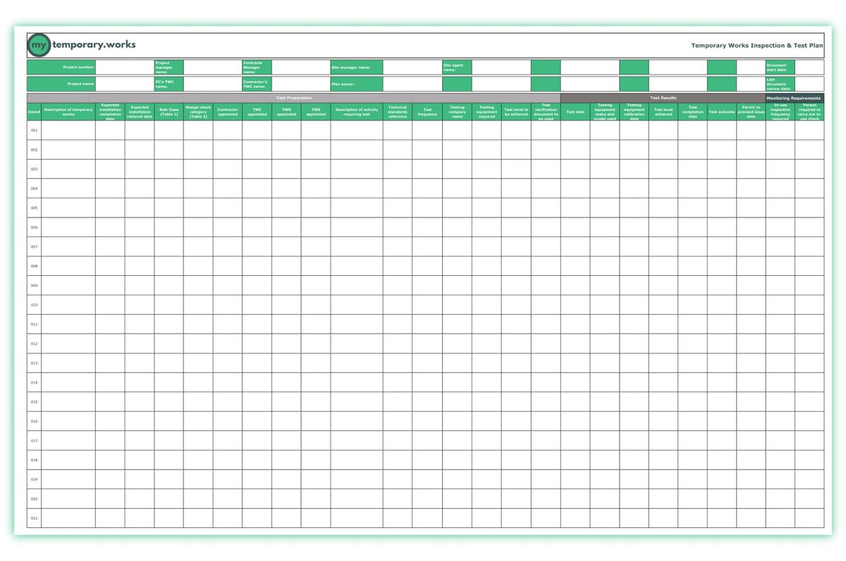 Temporary Works Inspection and Test Plan