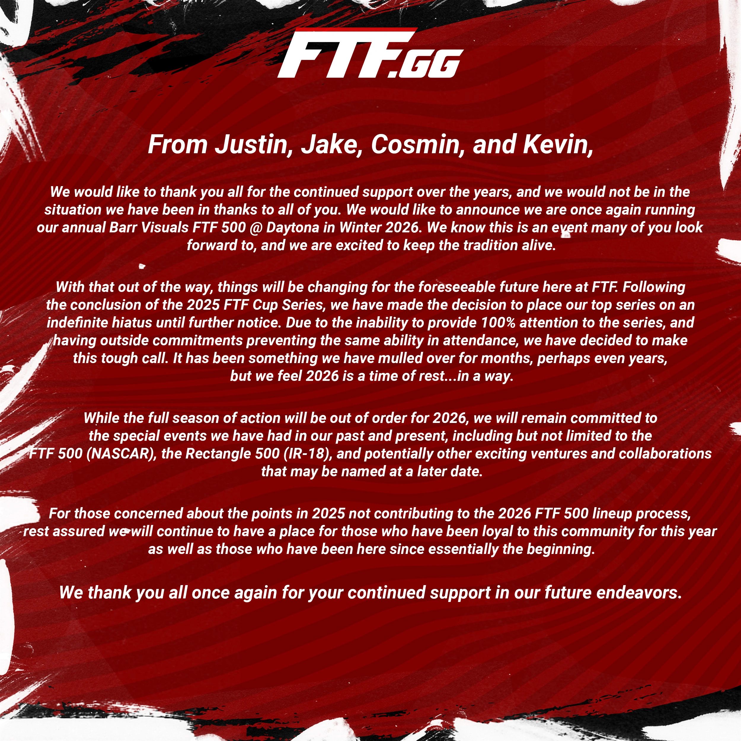 FTF Racing to pause full season schedules in 2026
