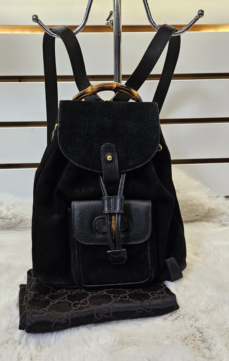 Gucci Black Suede Bamboo Handle Backpack