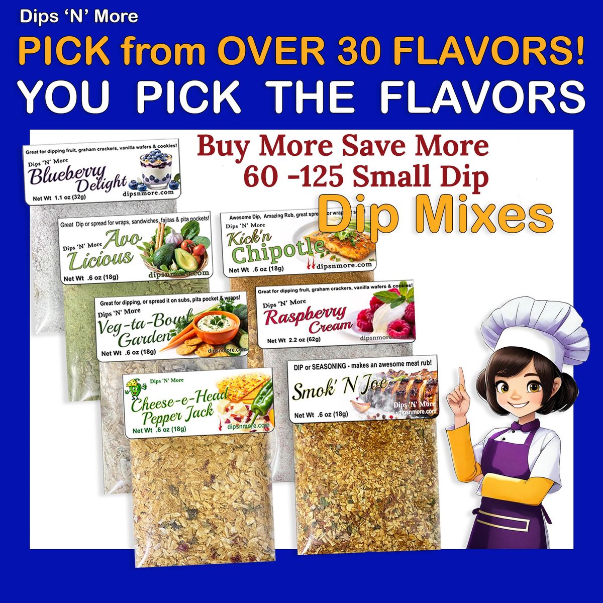 Save on 60 to 125 Small Pkgs of Dip Mixes, You Pick Flavors