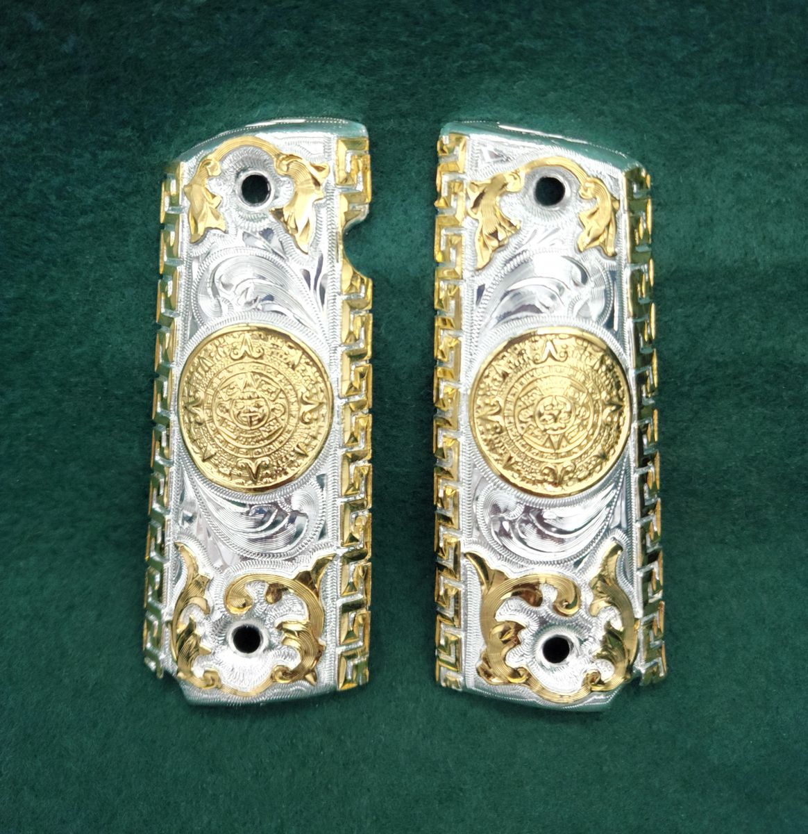 1911 Silver Grips w/ Custom 24K Gold Plated Aztec Calendar, Hanging ...