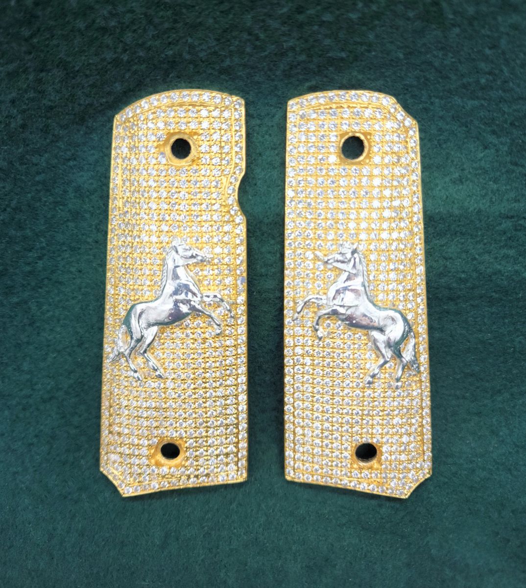 1911 24K Gold Plated Diamond Grips w/ Silver Rampant Pony 38 Super .38 ...