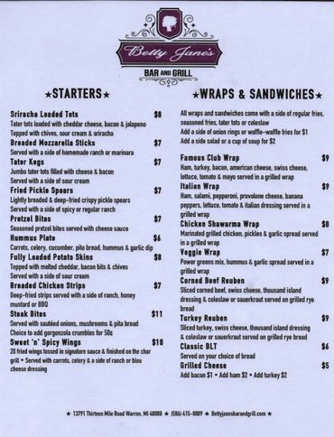 Food Menu | Betty Jane's Bar & Grill