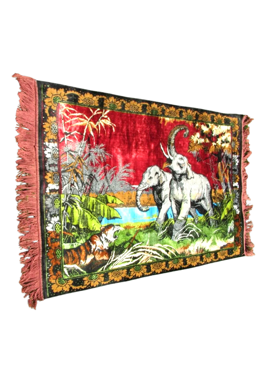 Vintage 38" x 55" Plush Velvet Elephants & Tiger Rug