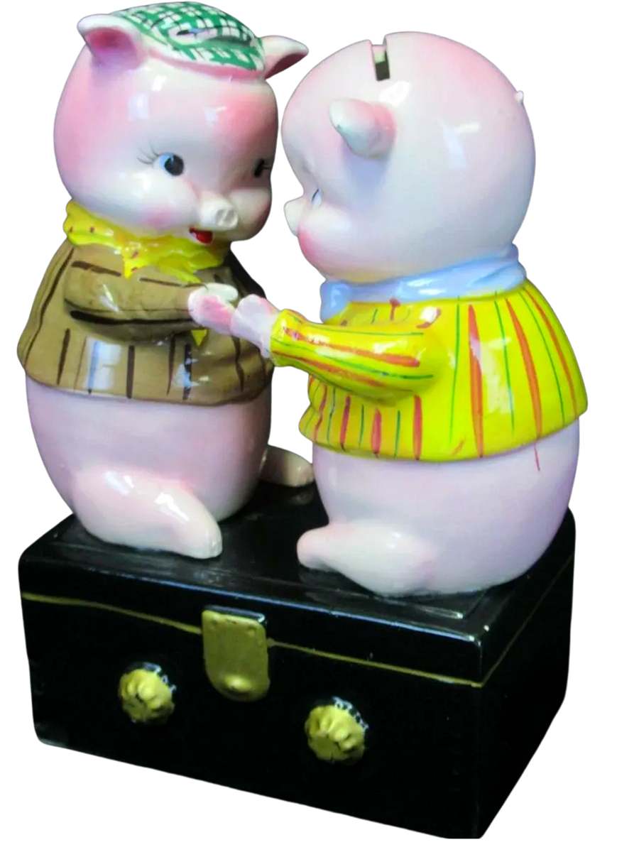RARE 1950s-1960s Mid-Century Ceramic Pigs Shaking Hands Piggy Bank