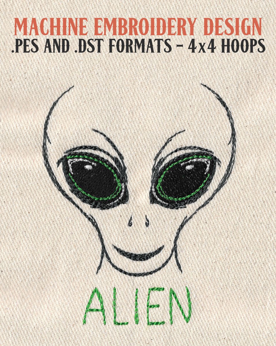 Alien - Machine Embroidery Design - 4x4 Size - .PES and .DST Formats