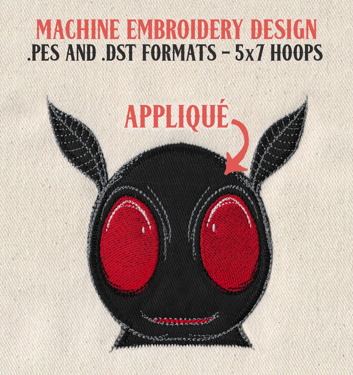 Appliqué Mothman Face - Machine Embroidery Design - 5x7 Size - .PES and ...