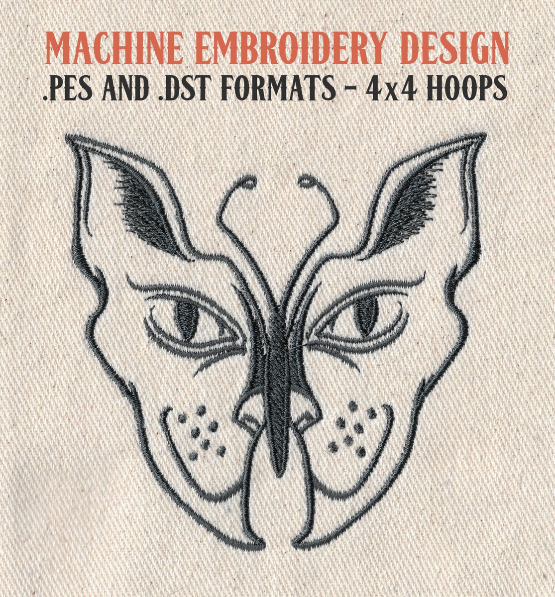 Cat Face Butterfly (One Color) - Machine Embroidery Design - 4x4 Size ...