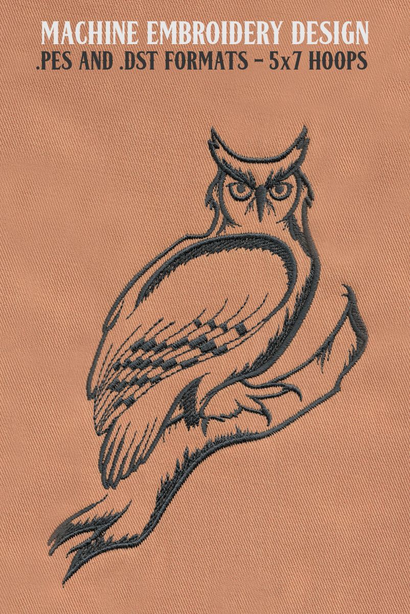 Great Horned Owl On Branch - One Color - Machine Embroidery Design ...