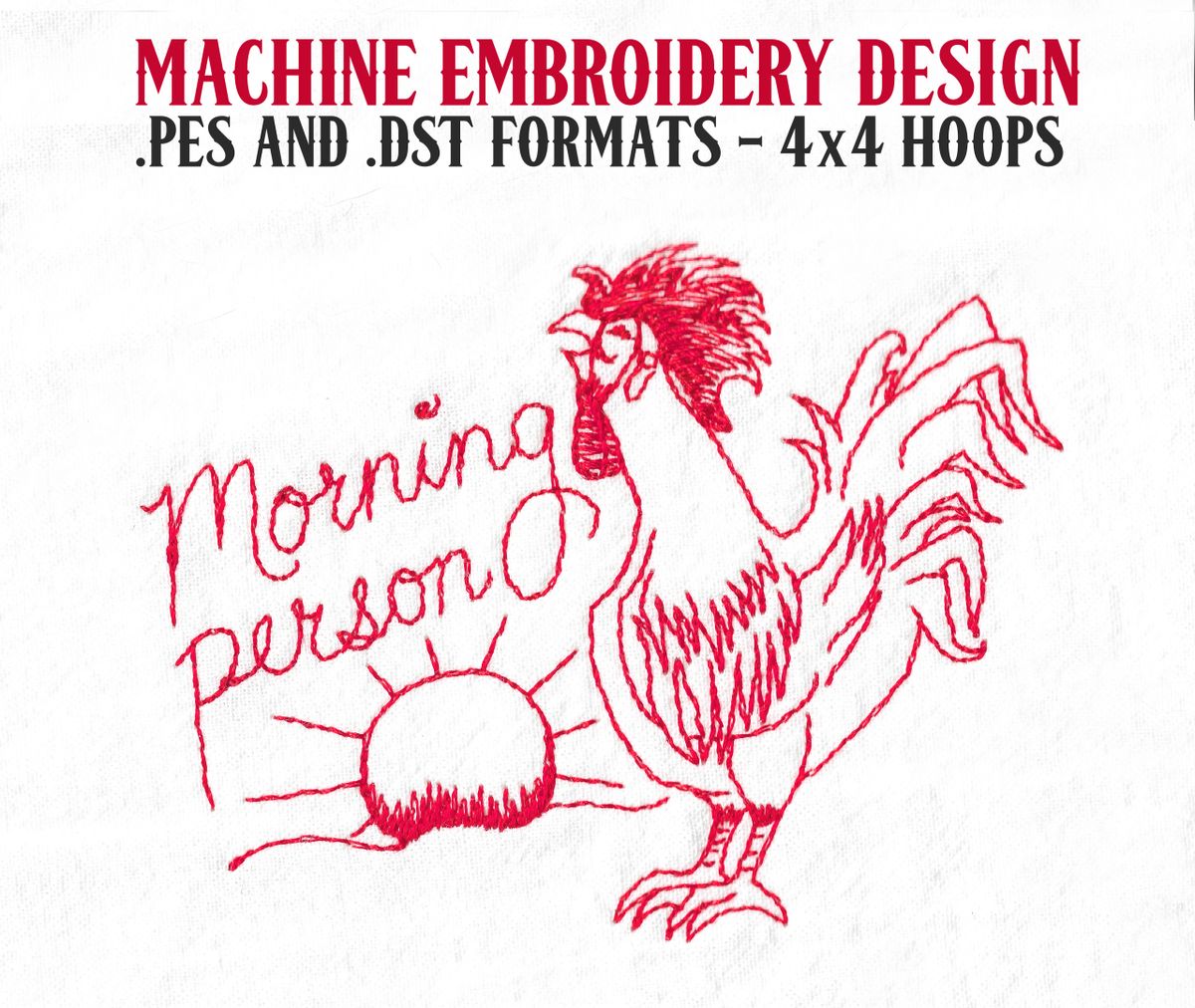 Redwork Morning Person Rooster - Machine Embroidery Design - 4x4 Size ...