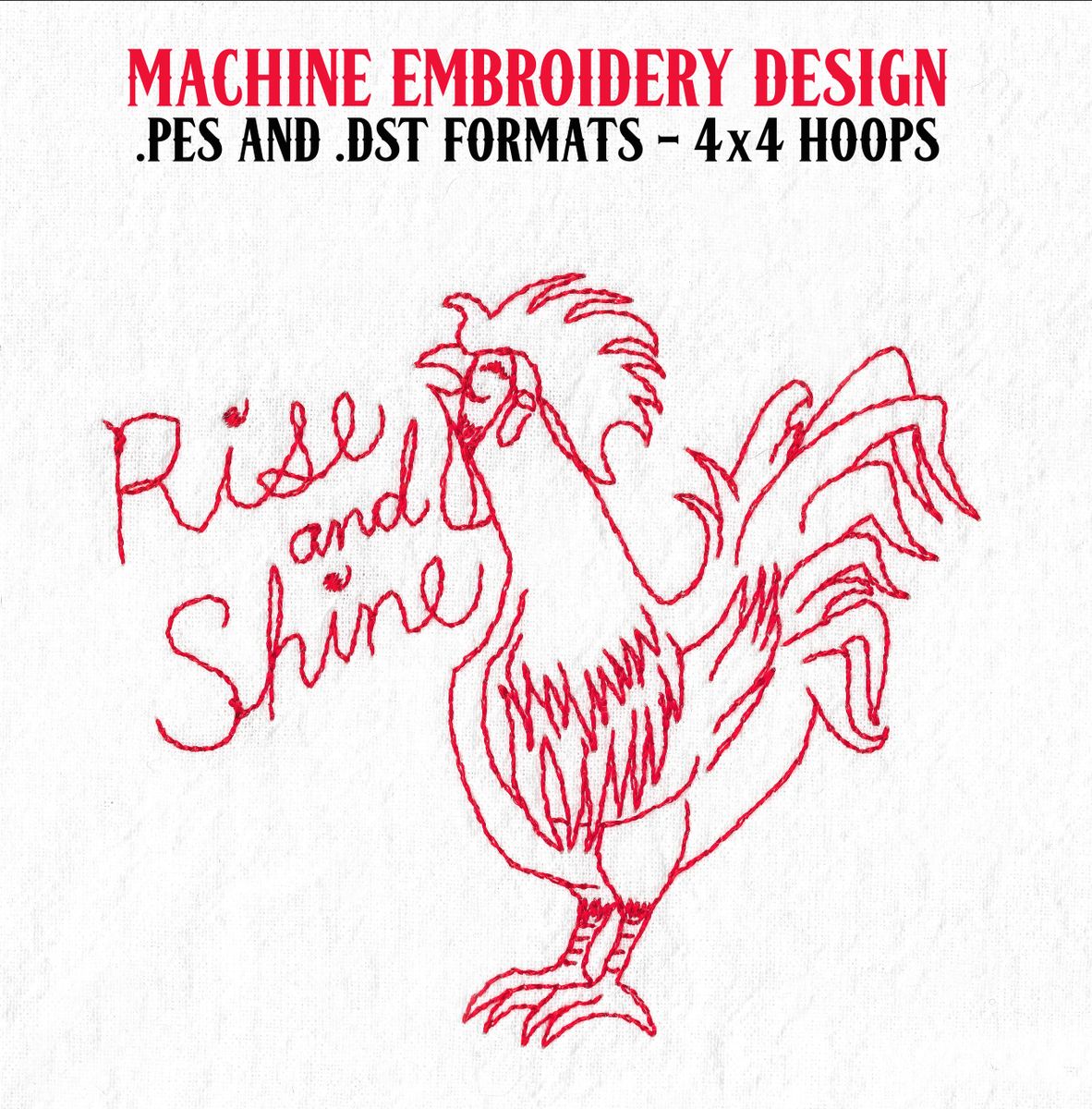 Rise and Shine Redwork Rooster - Machine Embroidery Design - 4x4 Size ...