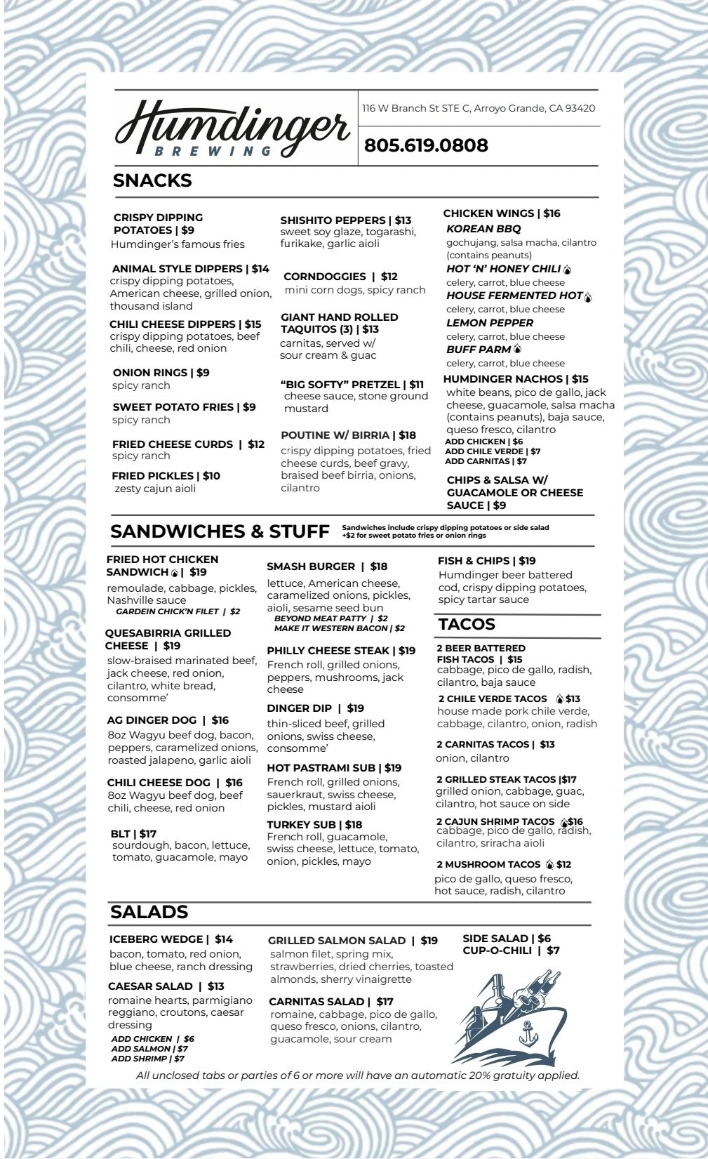 Food, Menu - Humdinger Brewing - Arroyo Grande, California