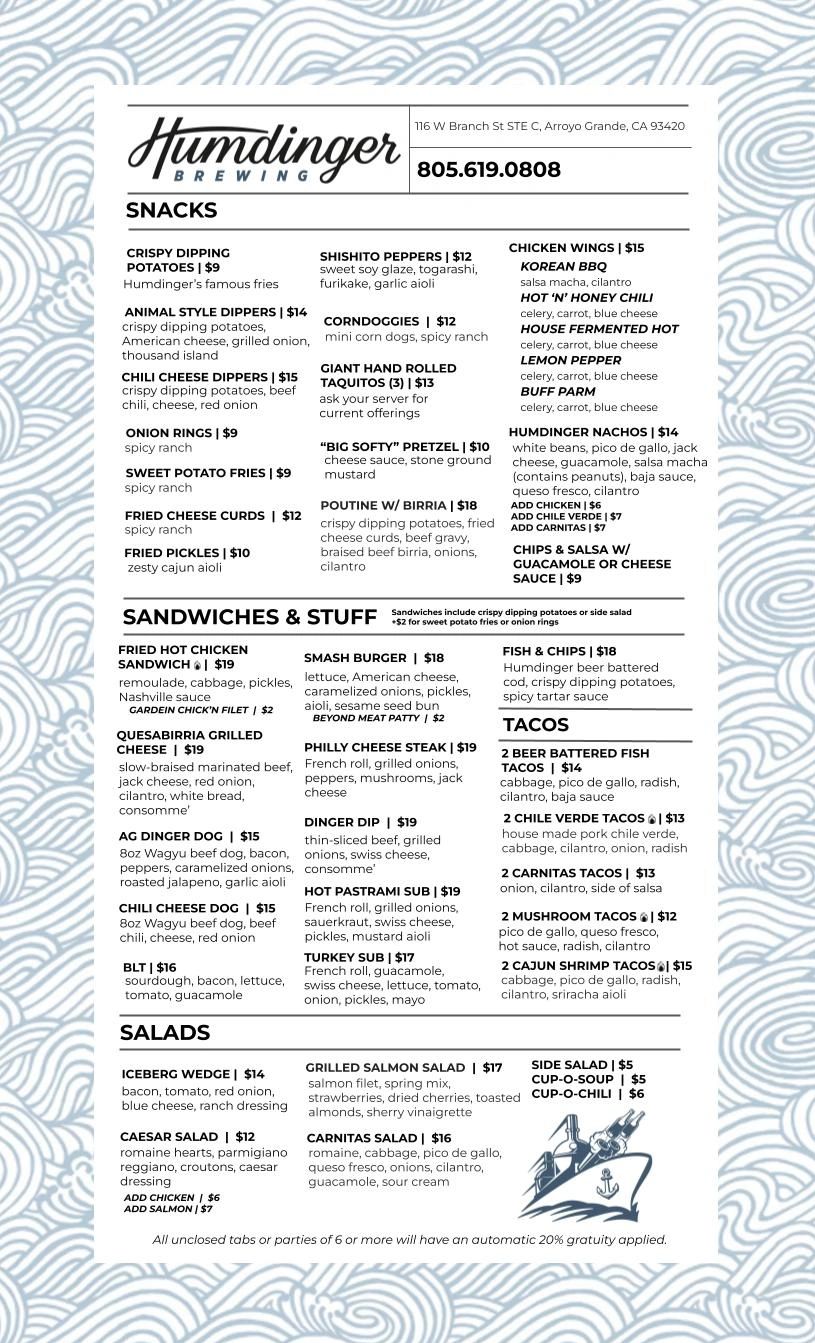 Food, Menu - Humdinger Brewing - Arroyo Grande, California
