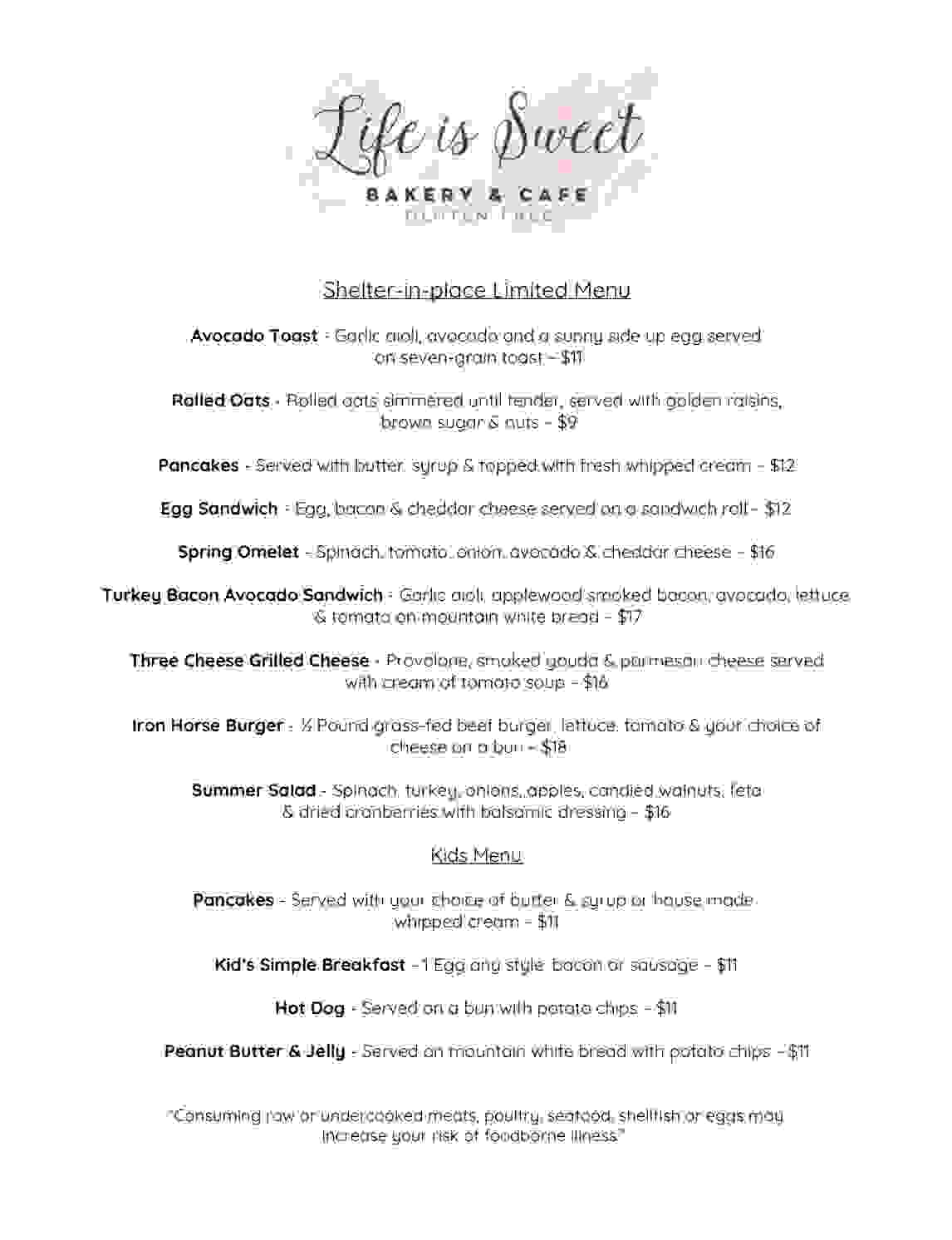 Menu | Life is Sweet Bakery and Cafe