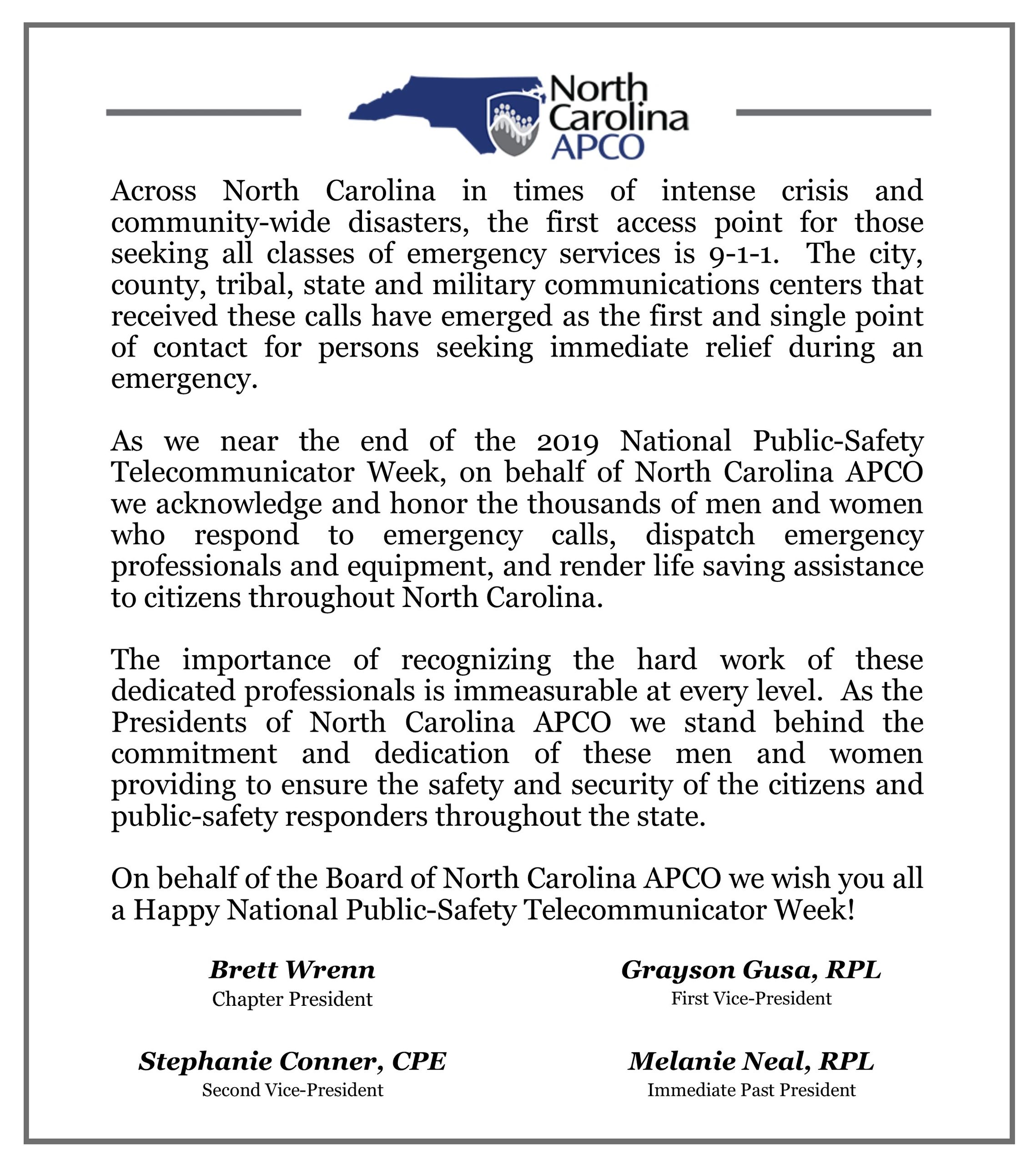 National Public-Safety Telecommunicator Week Message