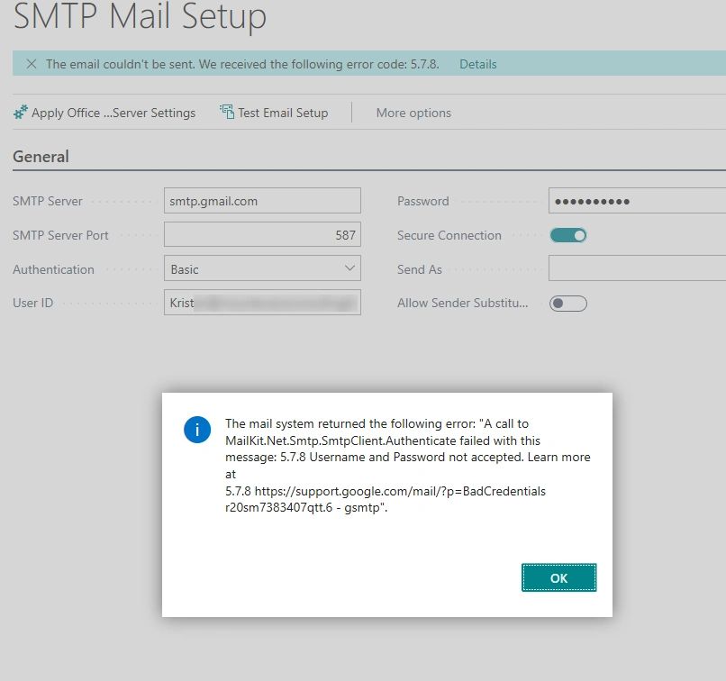 Dynamics 365 Business Central SMTP Mail Setup Error