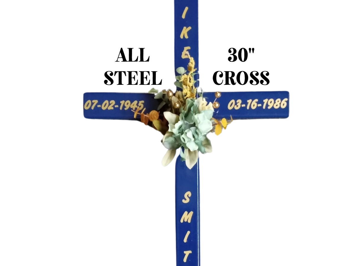 30 inch STEEL BLUE GRAVESIDE CROSS, personalized memorial cross 631