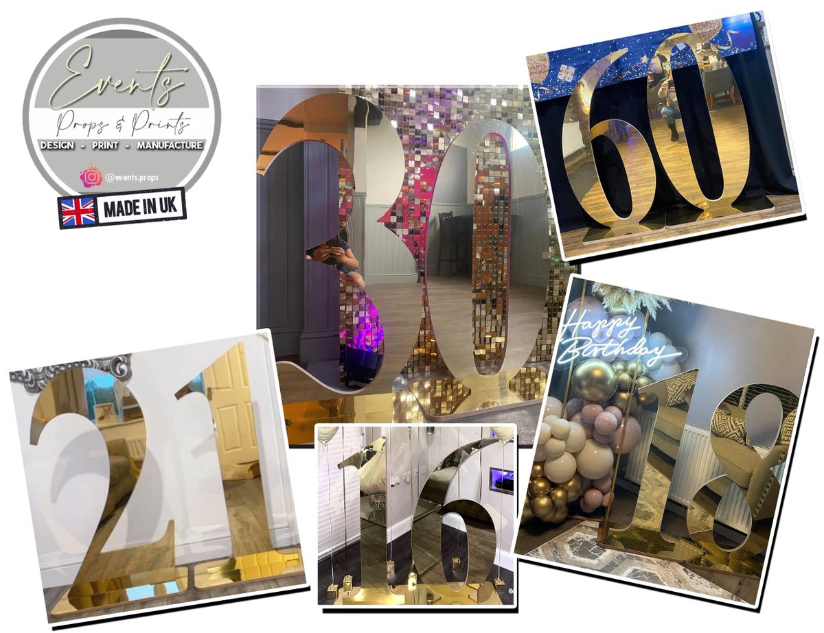 Full Set (0-9) - 4ft Mirrored Gold/Silver Birthday Numbers with ...
