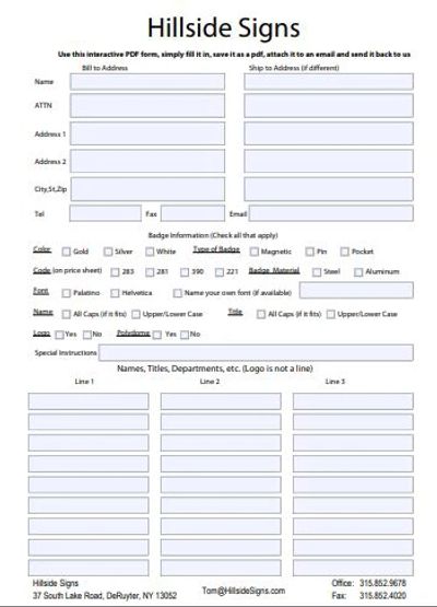 Order Form | Hillside Signs Quality Name Tags