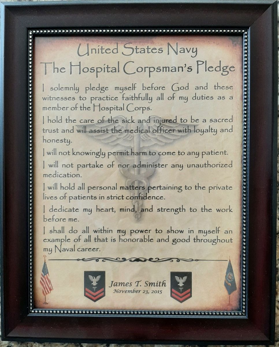 BETTER US Navy Hospital Corpsman's Pledge Aged Parchment PERSONALIZED ...