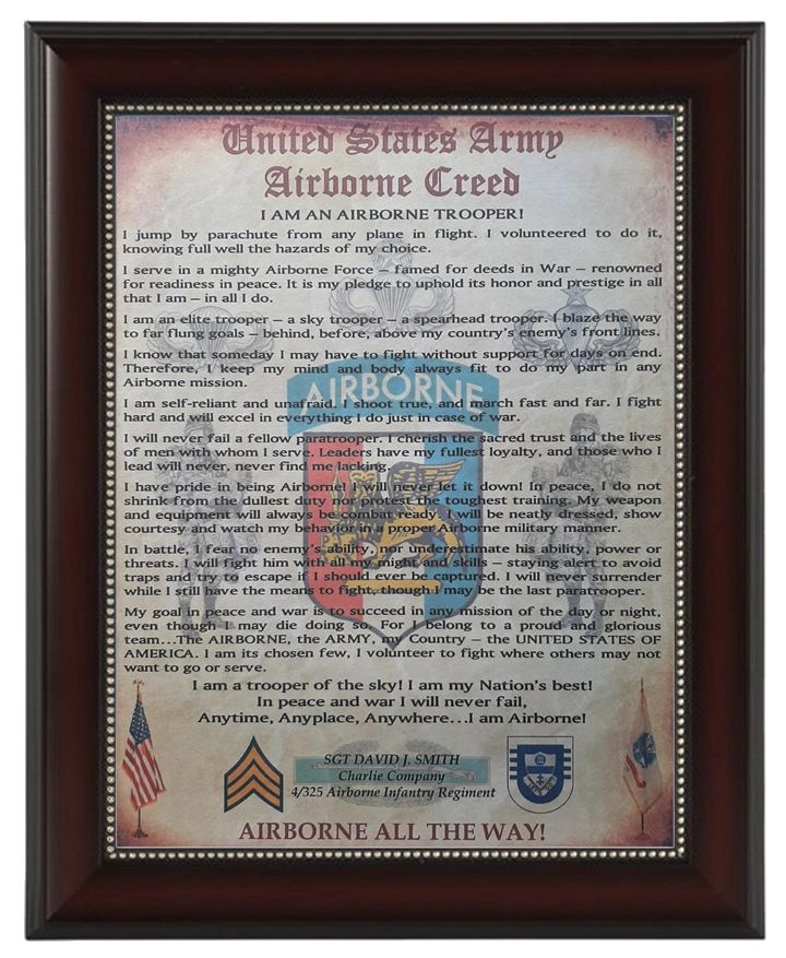 BETTER US Army Airborne Creed SETAF Aged Parchment Framed PERSONALIZED ...