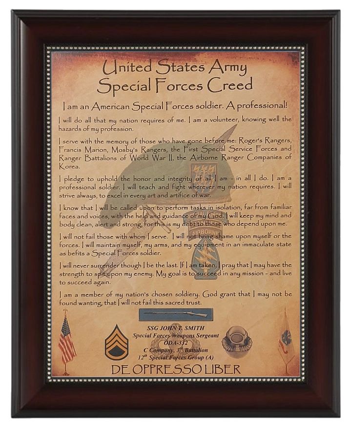 BETTER US Army Special Forces CREED Aged Parchment Framed PERSONALIZED