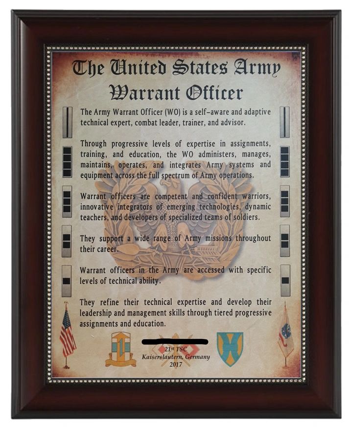 BETTER US Army The Warrant Officer Aged Parchment Framed PERSONALIZED