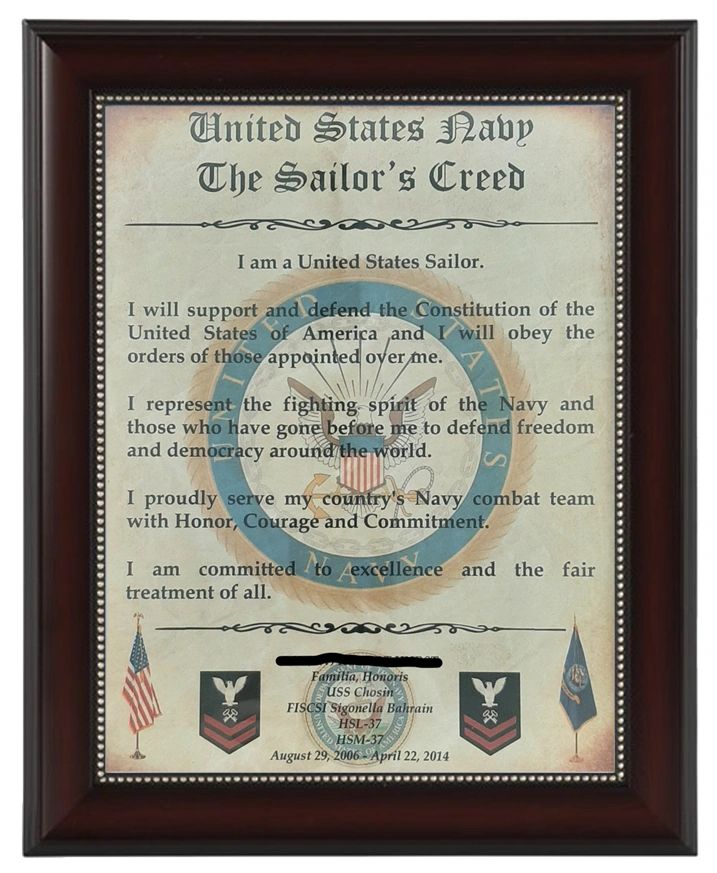 BETTER US Navy Sailor's Creed Aged Parchment Framed PERSONALIZED (with ...
