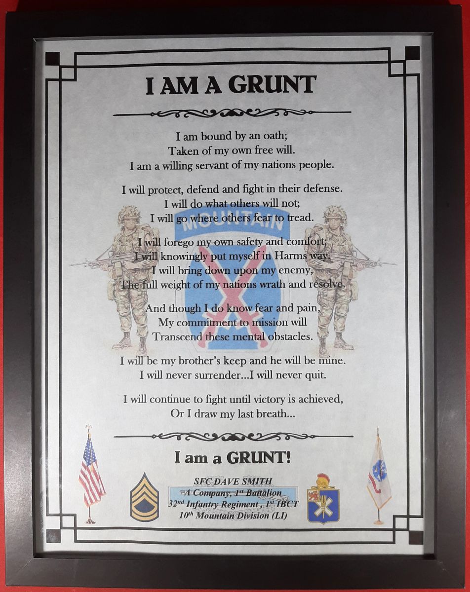 NICE or BETTER US Army Infantry "I am a Grunt" Aged Parchment Framed ...