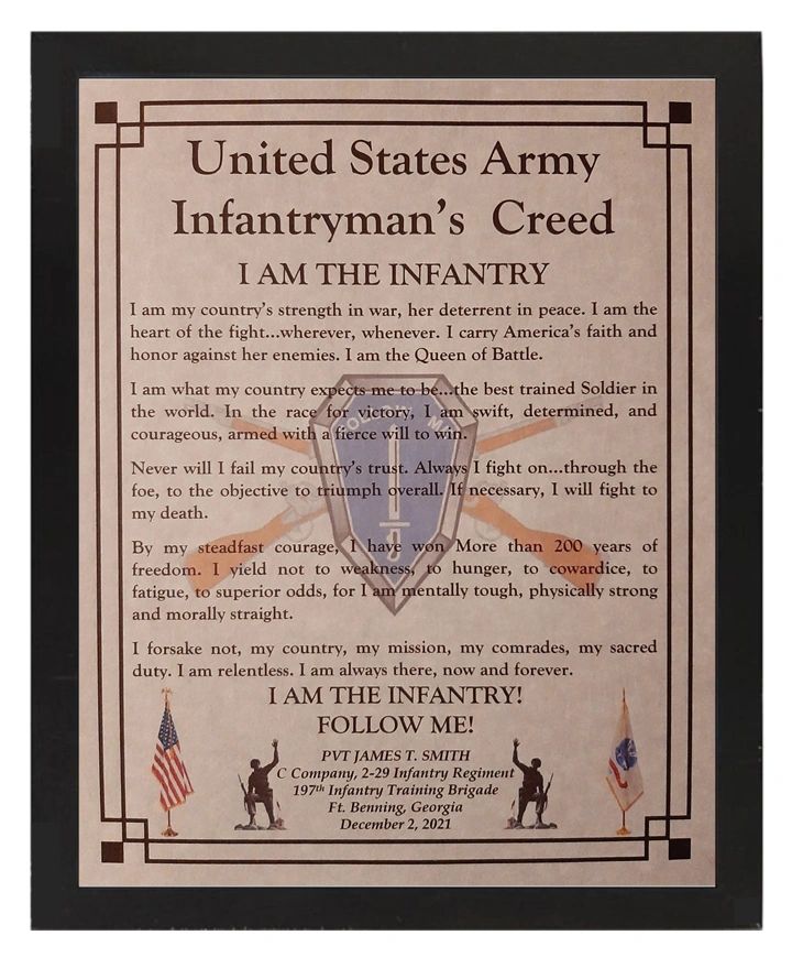 NICE or BETTER US Army Infantryman's Creed Framed PERSONALIZED (with ...