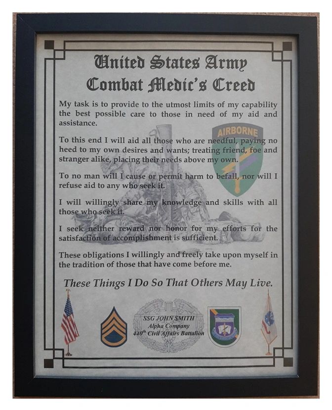 NICE or BETTER US Army Combat Medic's CREED Framed PERSONALIZED (with ...