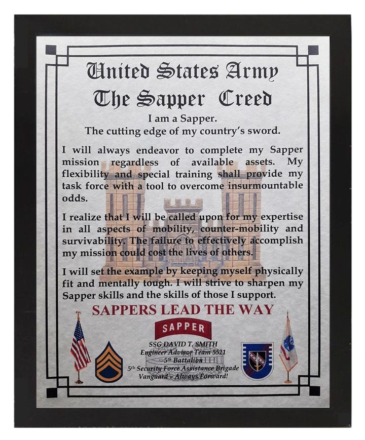 NICE or BETTER US Army Sapper Creed Framed PERSONALIZED (with Coin Option)