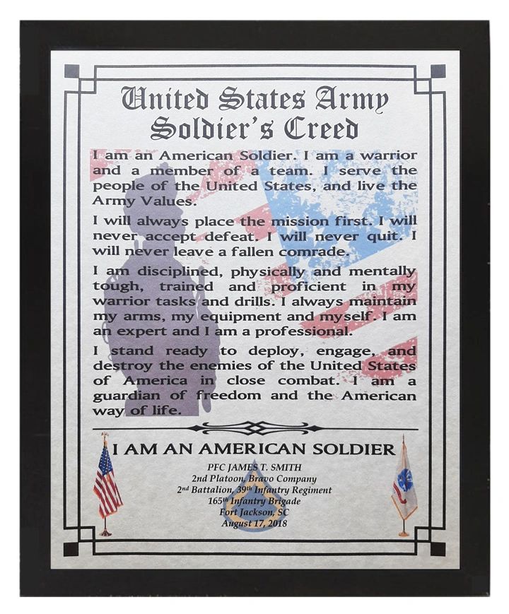 NICE or BETTER US Army Soldier's Creed Framed PERSONALIZED