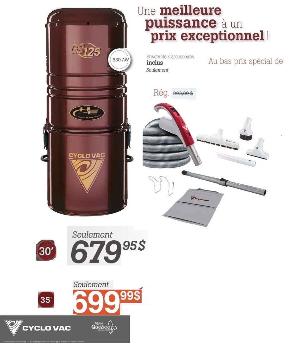 Aspirateur central Cyclo-Vac GS125 avec boyau 30'