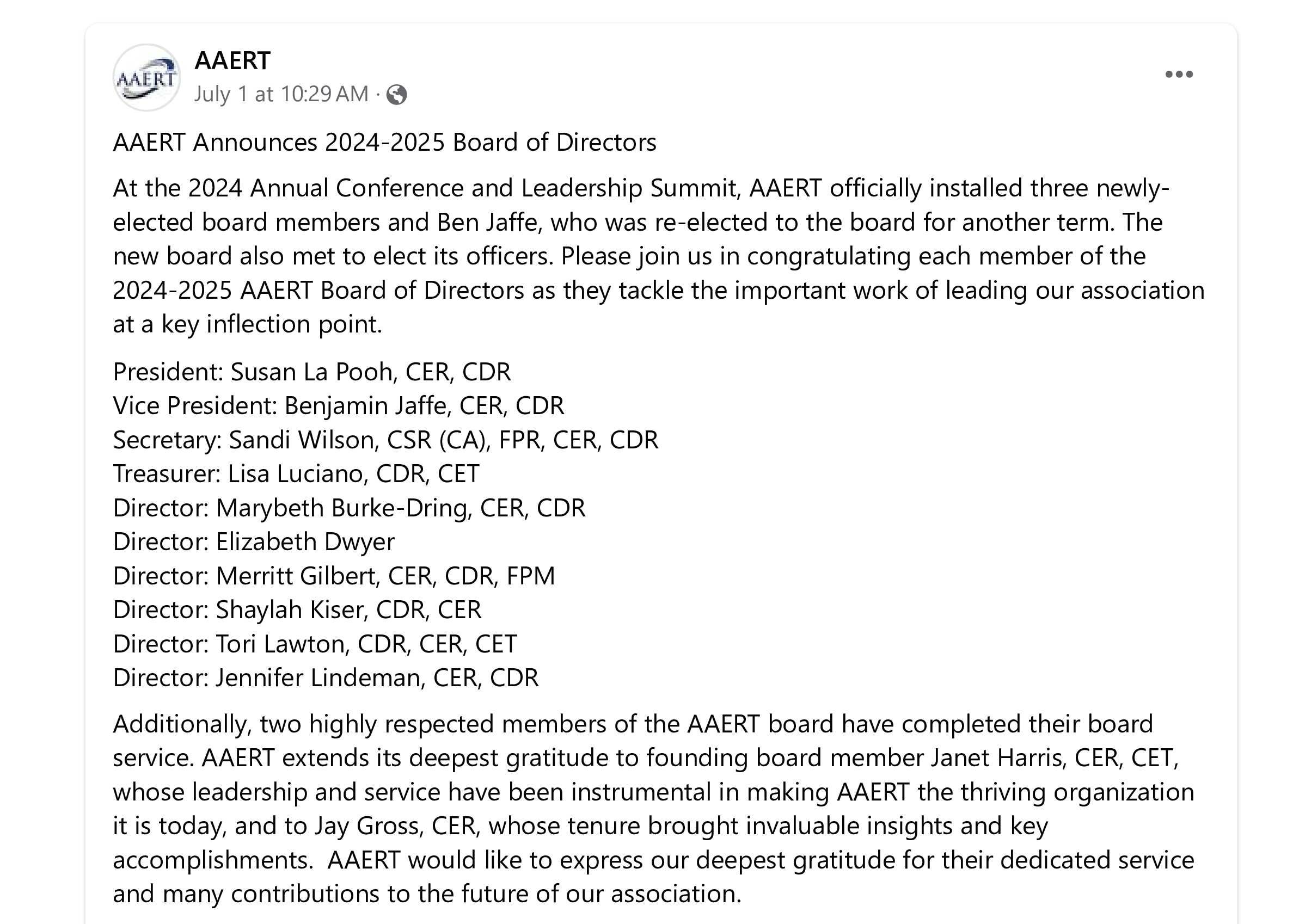 AAERT 2024-2025 Board of Directors