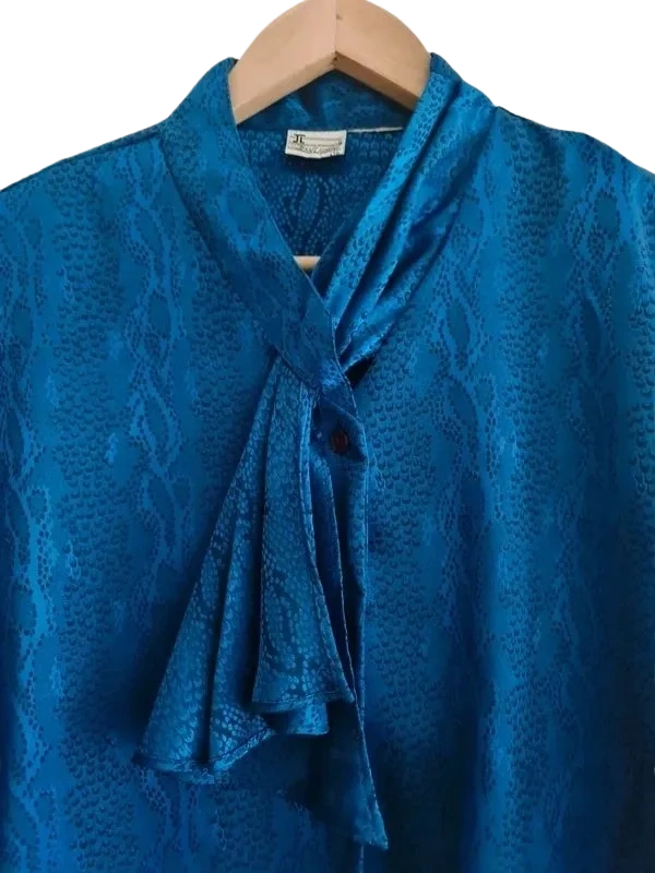 Vintage Jean Laurent 80s Blue Tie Neck Satin Blouse
