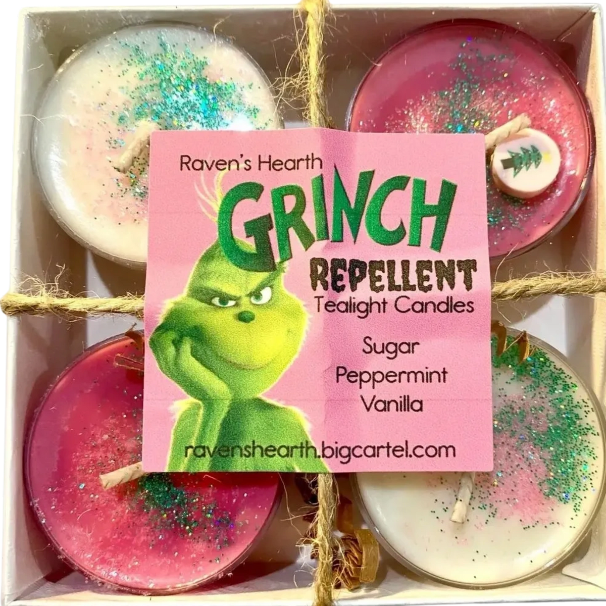 Grinch Repellent Tealight Candle Set Sugar Peppermint Vanilla Holiday ...