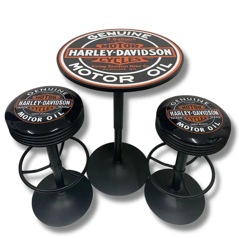 HARLEY DAVIDSON MOTOR OIL PREMIUM BLACK TABLE & 2 STOOL PACKAGE